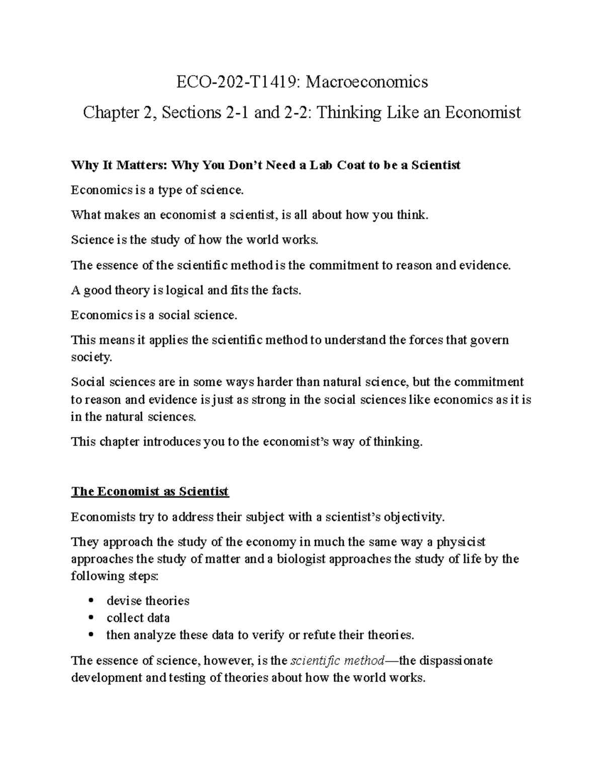 ECO-202 Chapter 2, Sections 2-1 and 2-2 Thinking Like an Economist ...
