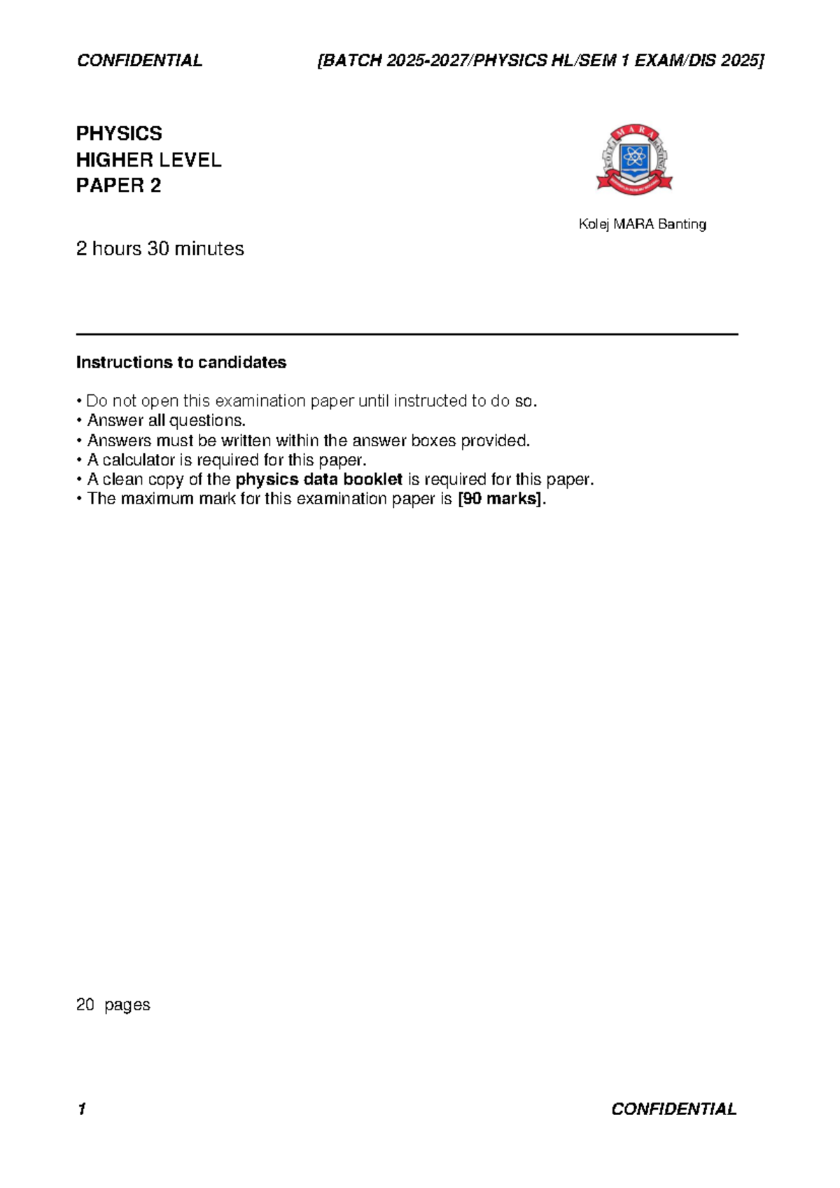 P2 SEM 1 DIS 2025 Physics HL Exam Paper Analysis and Solutions - Studocu