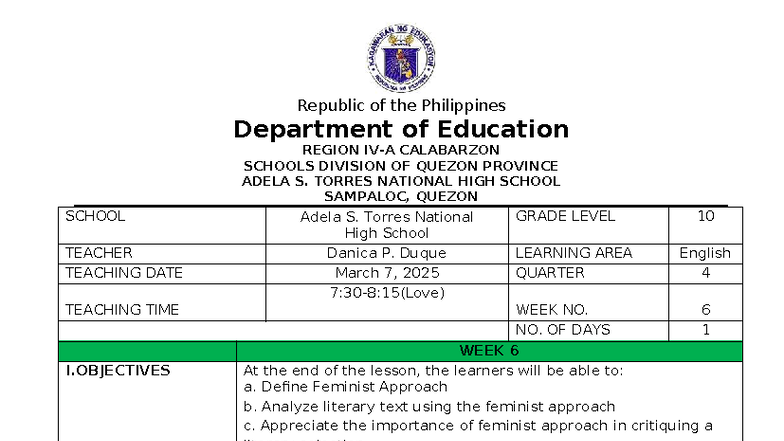 Final Demo LP Duque: Lesson on Feminist Approach in Literature (Grade ...
