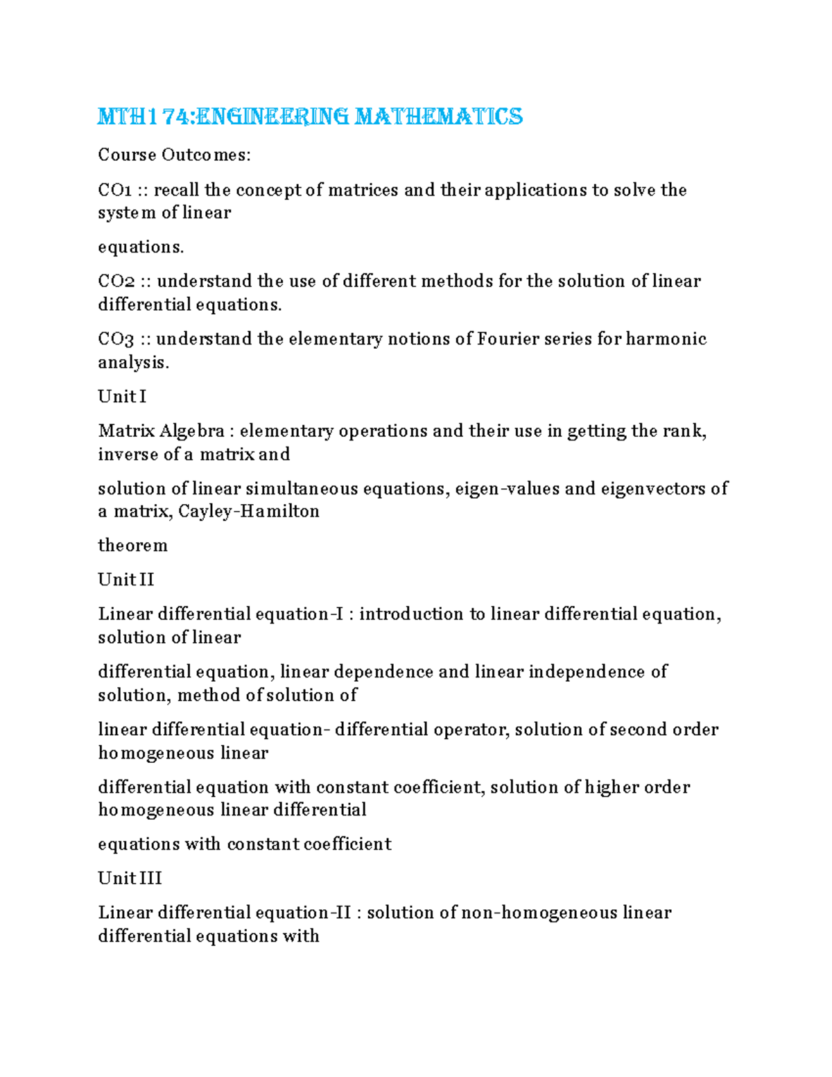 MTH174: Engineering Mathematics Syllabus for Semester 1 - Studocu