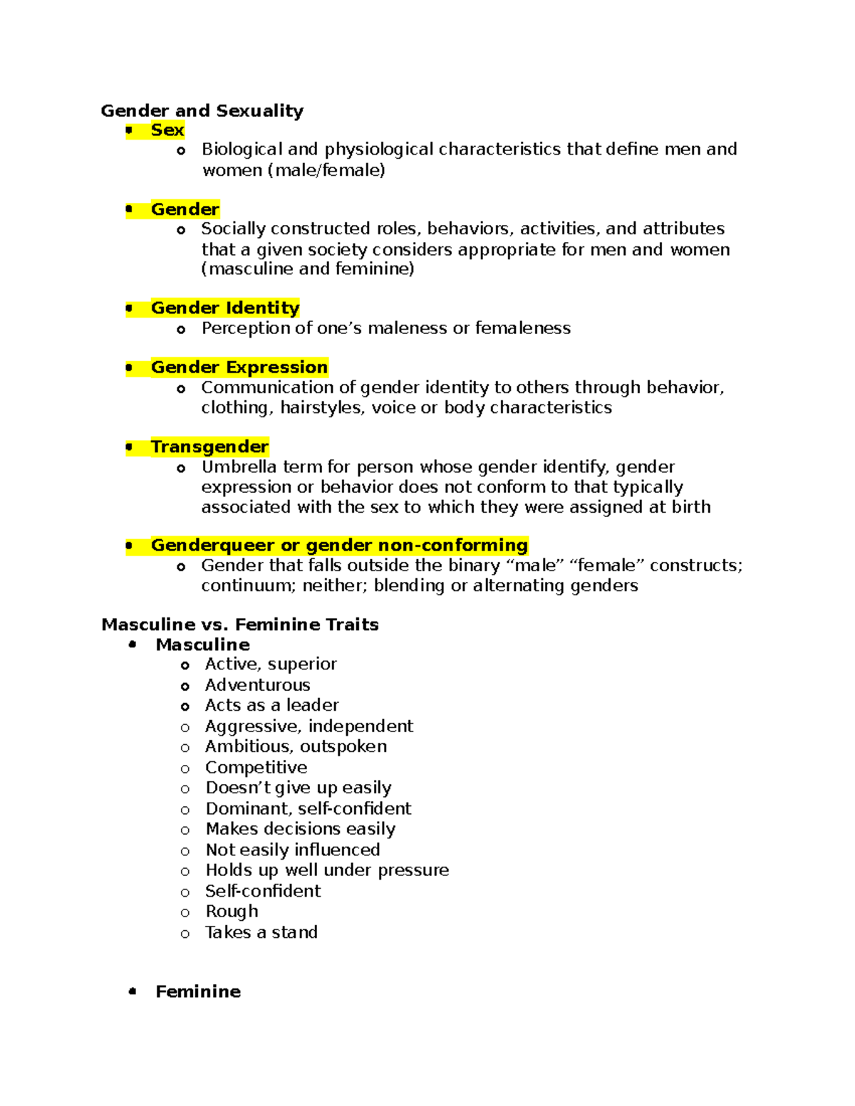 Psych 160 Gender:Sexuality notes - Gender and Sexuality Sex o ...