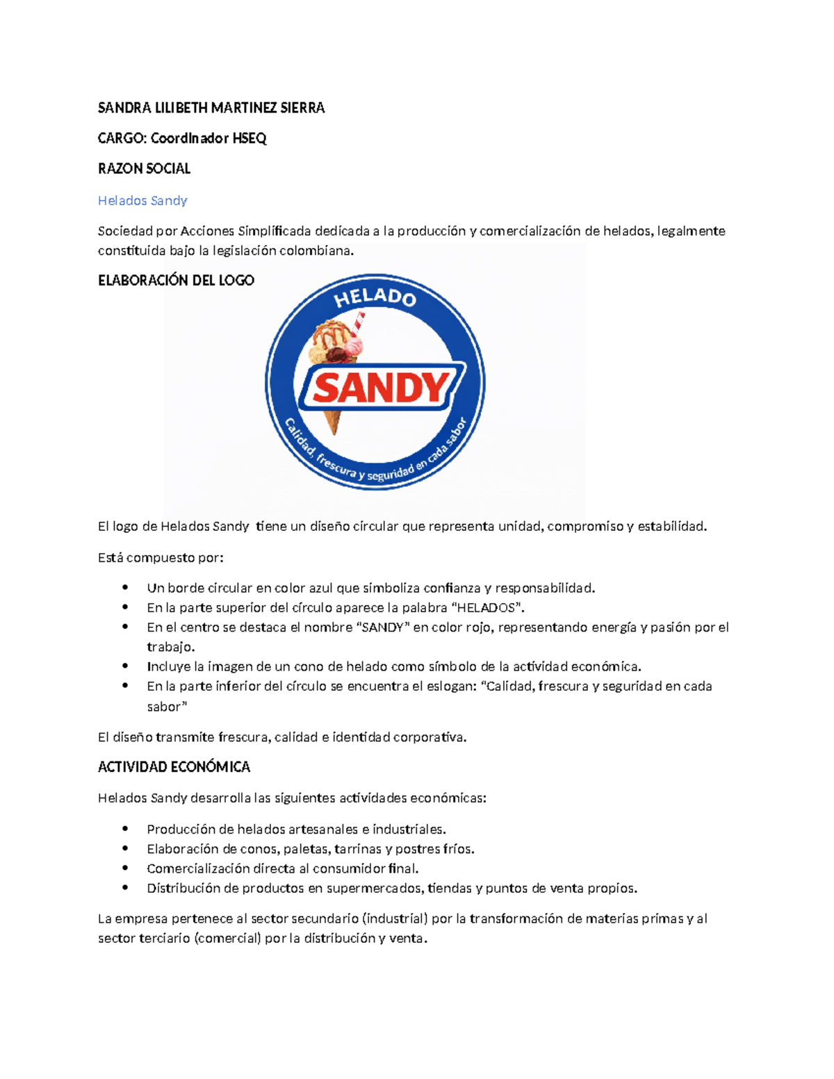 Helados Sandy: Misión, Visión y Valores Empresariales - Studocu