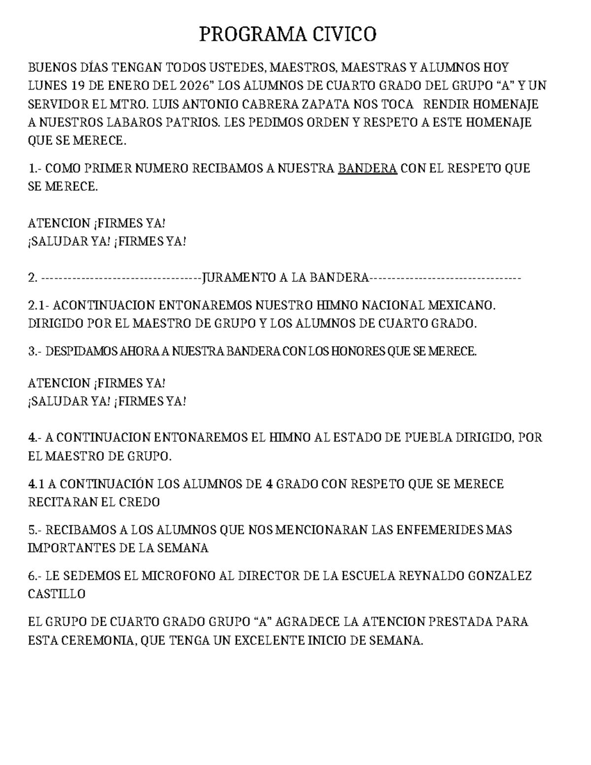 Acto Cívico: Honores a la Bandera - Cuarto Grado A - Studocu