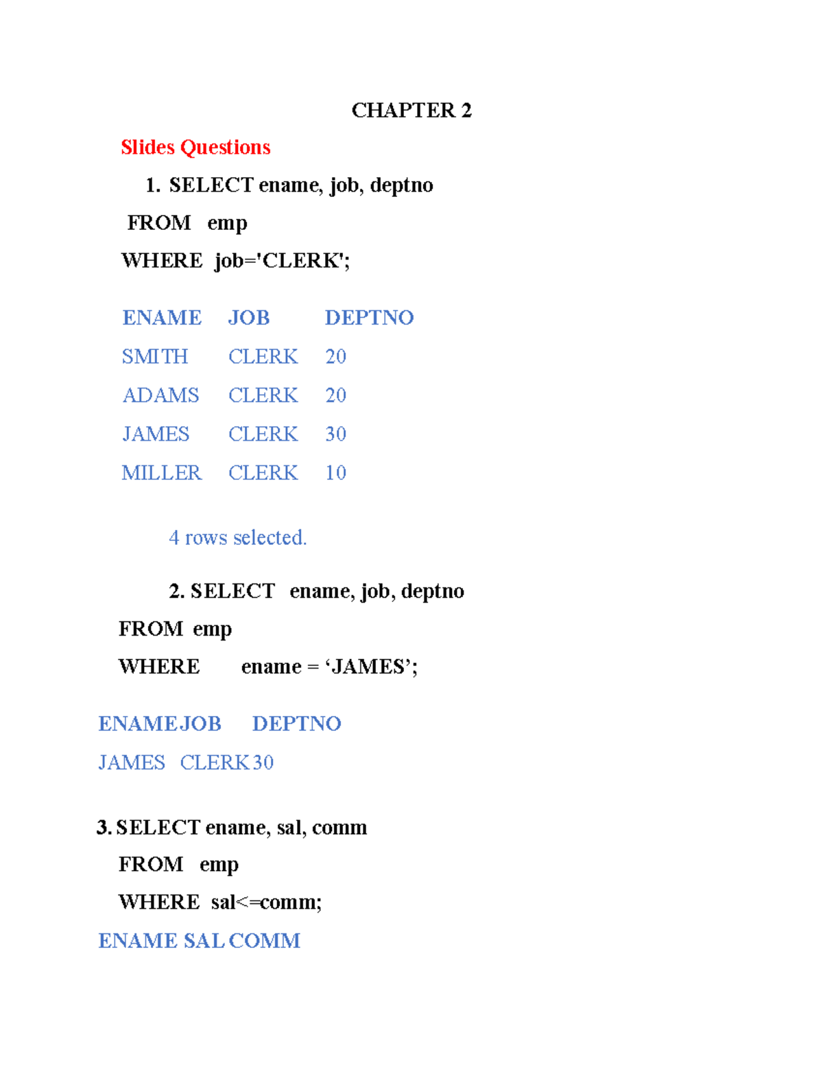 Chapter 2 - sql practice questions and solutions for emp table - Studocu