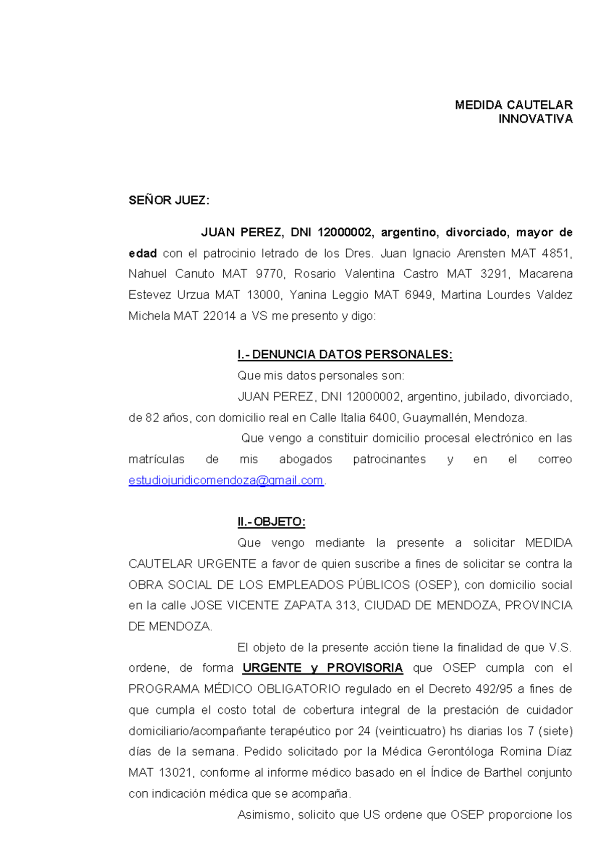 Medida Cautelar Urgente OSEP - Caso Juan Pérez MAT 4851 - Studocu