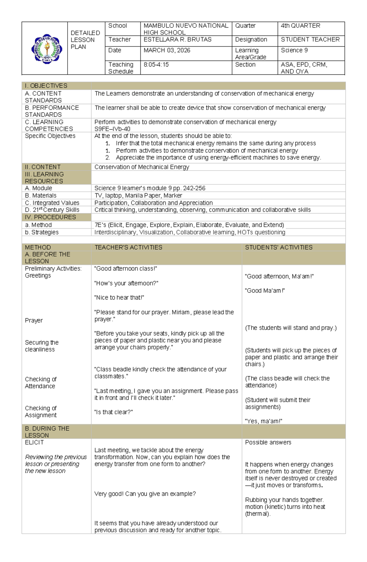 Science 9 Lesson Plan: Conservation of Mechanical Energy - Studocu