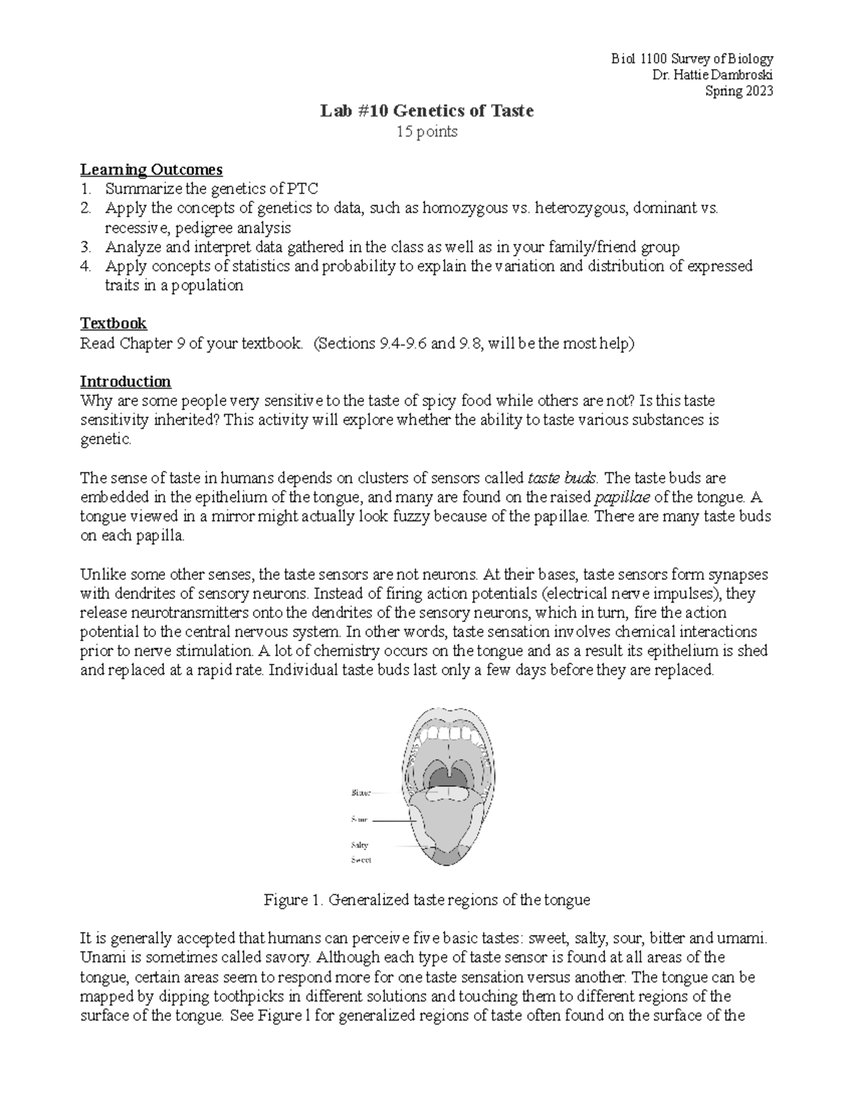 Lab 10 Genetics of Taste - Biol 1100 Survey of Biology Dr. Hattie ...