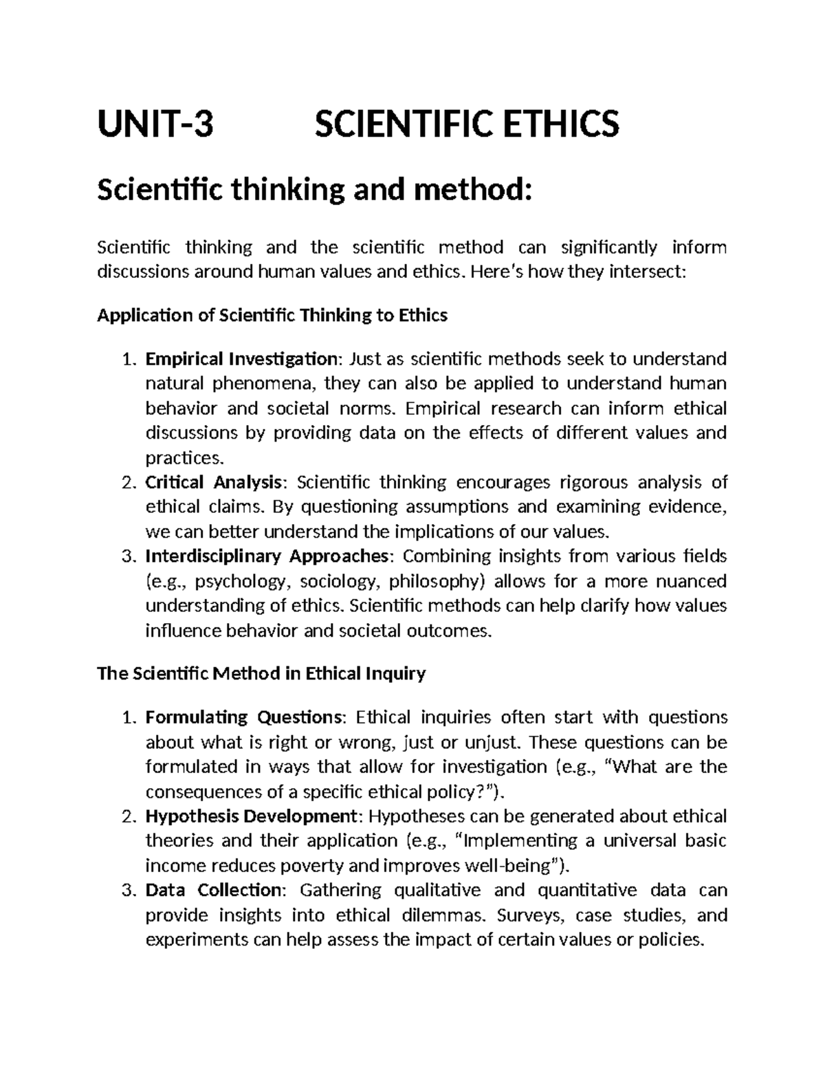 Scientific Ethics-UNIT 3 - UNIT-3 SCIENTIFIC ETHICS Scientific thinking ...