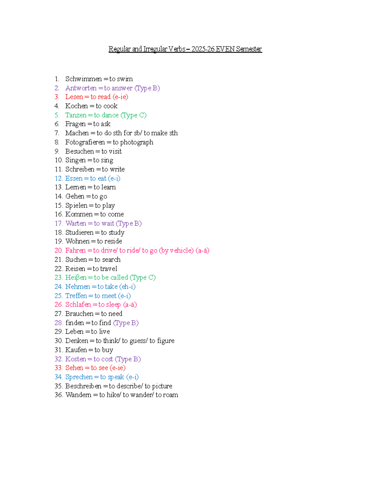 Even Semester 1: Regular and Irregular Verbs List - Studocu