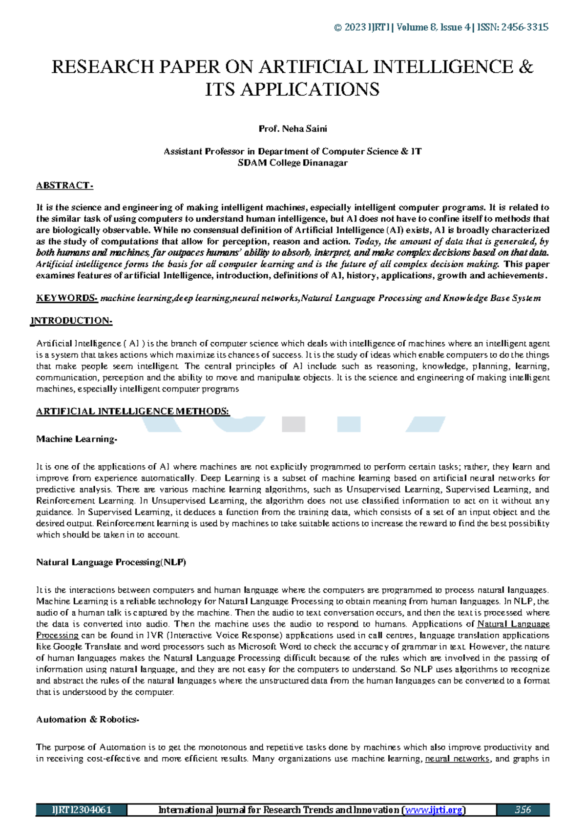 Research Paper on AI Applications - IJRTI 2304061 - Studocu