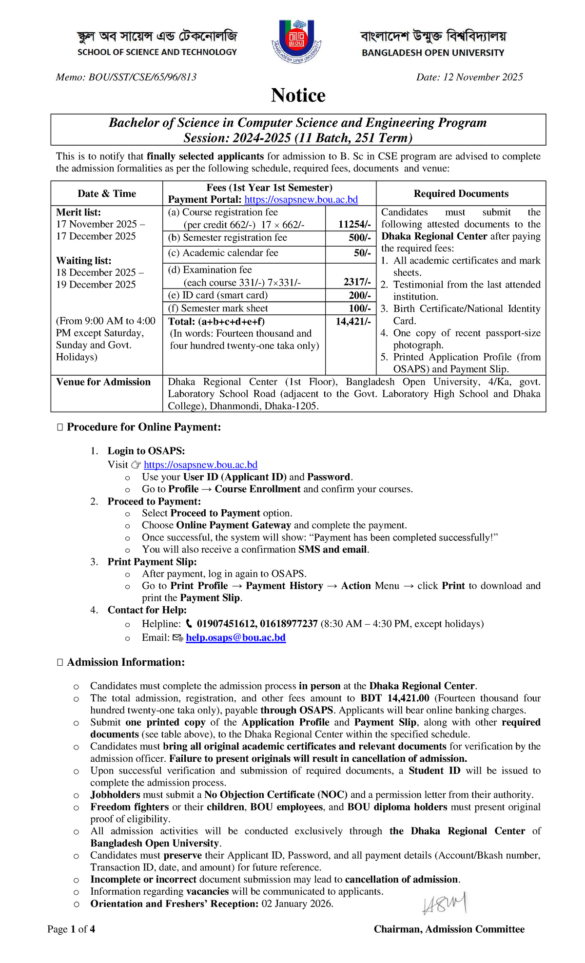 Admission Notice: B.Sc in CSE Program (11 Batch, 251 Term) - Studocu