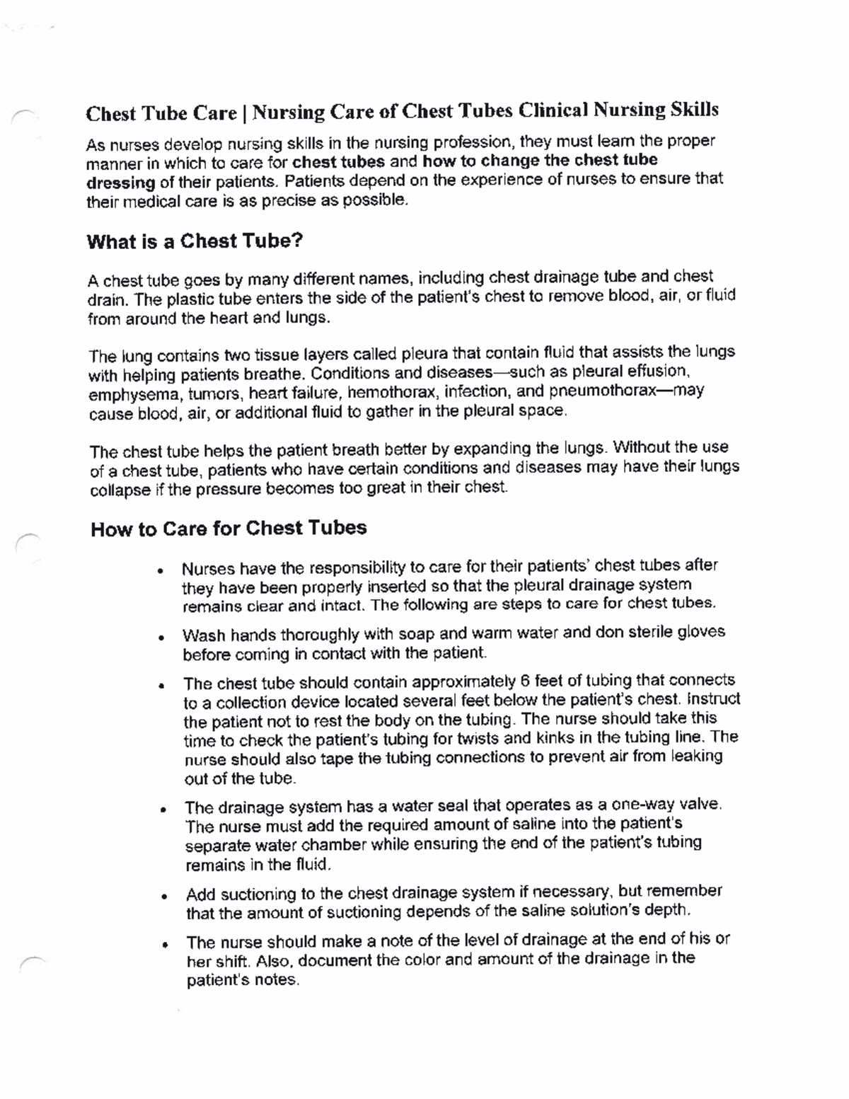 Nursing Guidelines for Chest Tube Care and Management (NRSG 101) - Studocu
