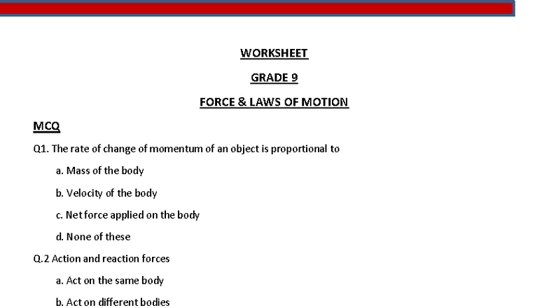 Worksheet Grade 9: Force & Laws of Motion MCQs and Short Answers - Studocu
