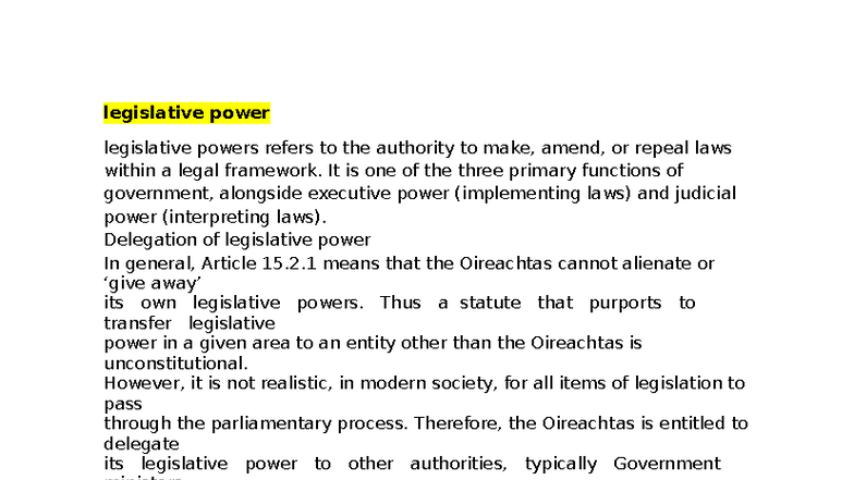 Legislative Powers and Delegation: Insights from Tutorial 2 - Studocu