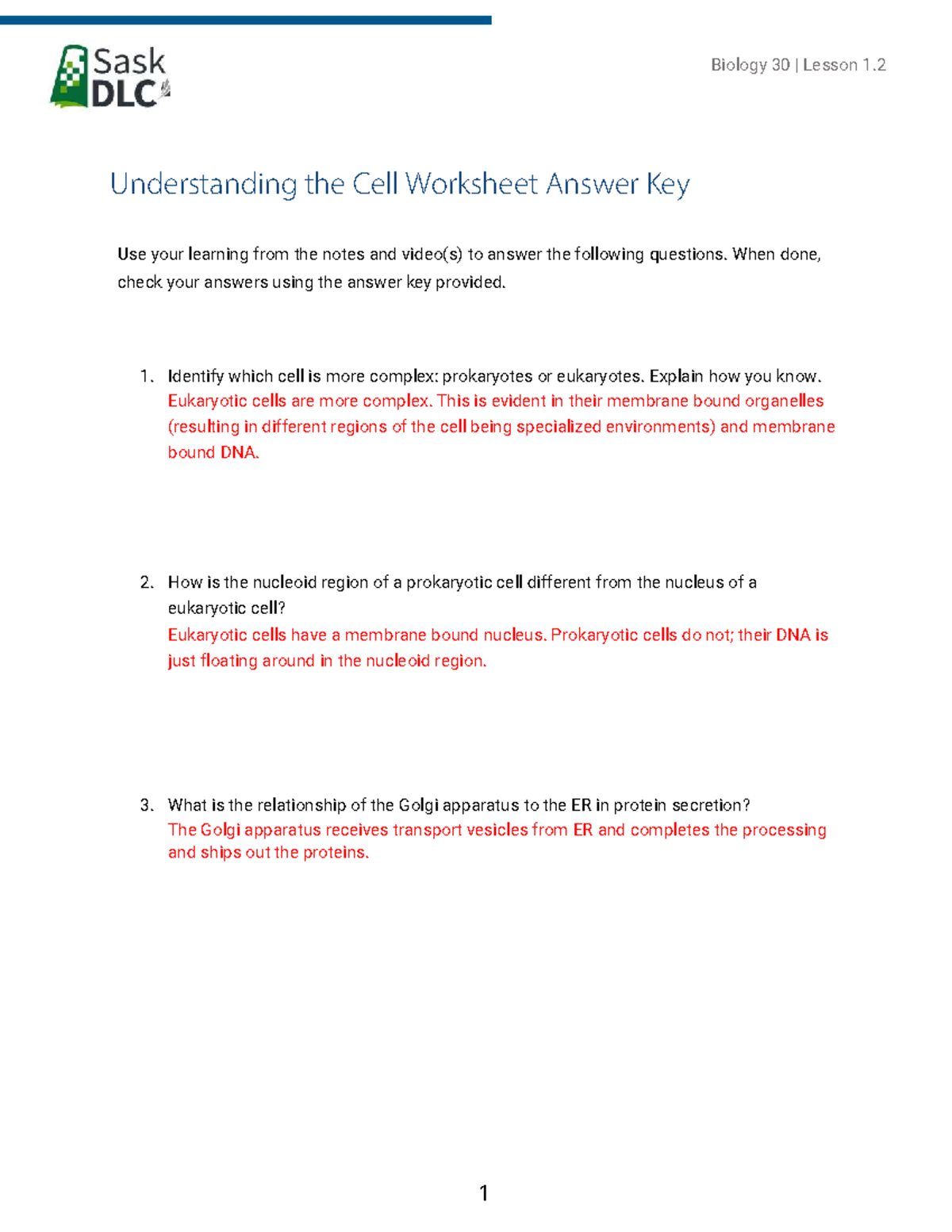 Biology 30 | Lesson 1.2: Understanding the Cell Worksheet Answer Key ...