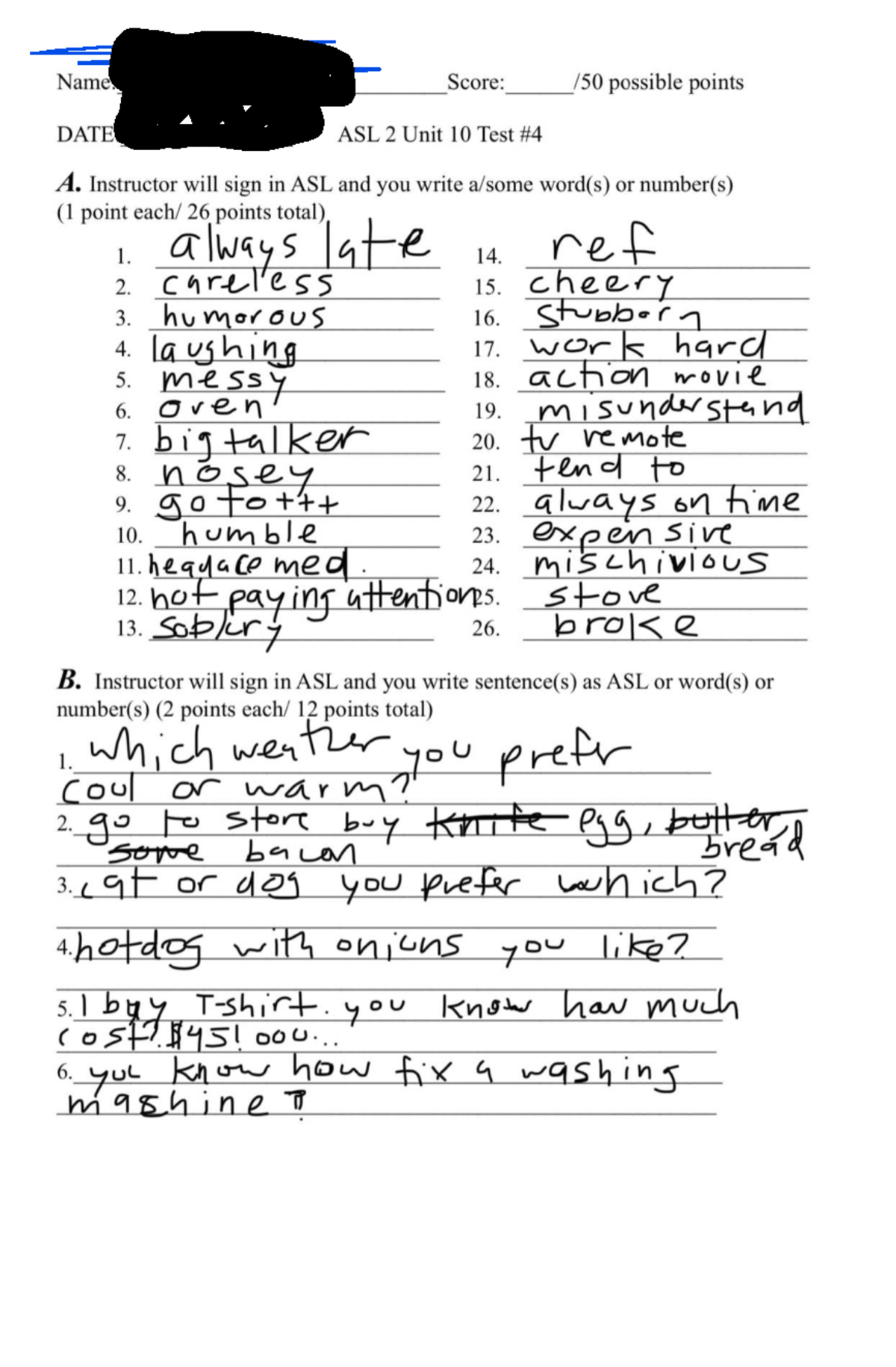 ASL 2 Unit 10 Test A: Vocabulary and Sentence Writing Assessment - Studocu