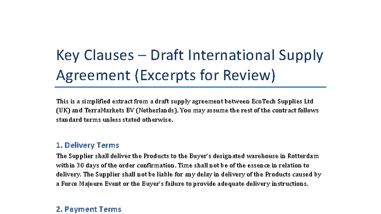 Key Clauses in Draft Int'l Supply Agreement (Clyde & Co Project) - Studocu