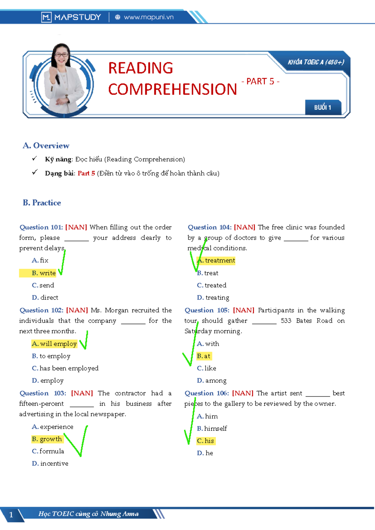TOEIC A1 Reading Comprehension Part 5 Practice Questions and Answers ...