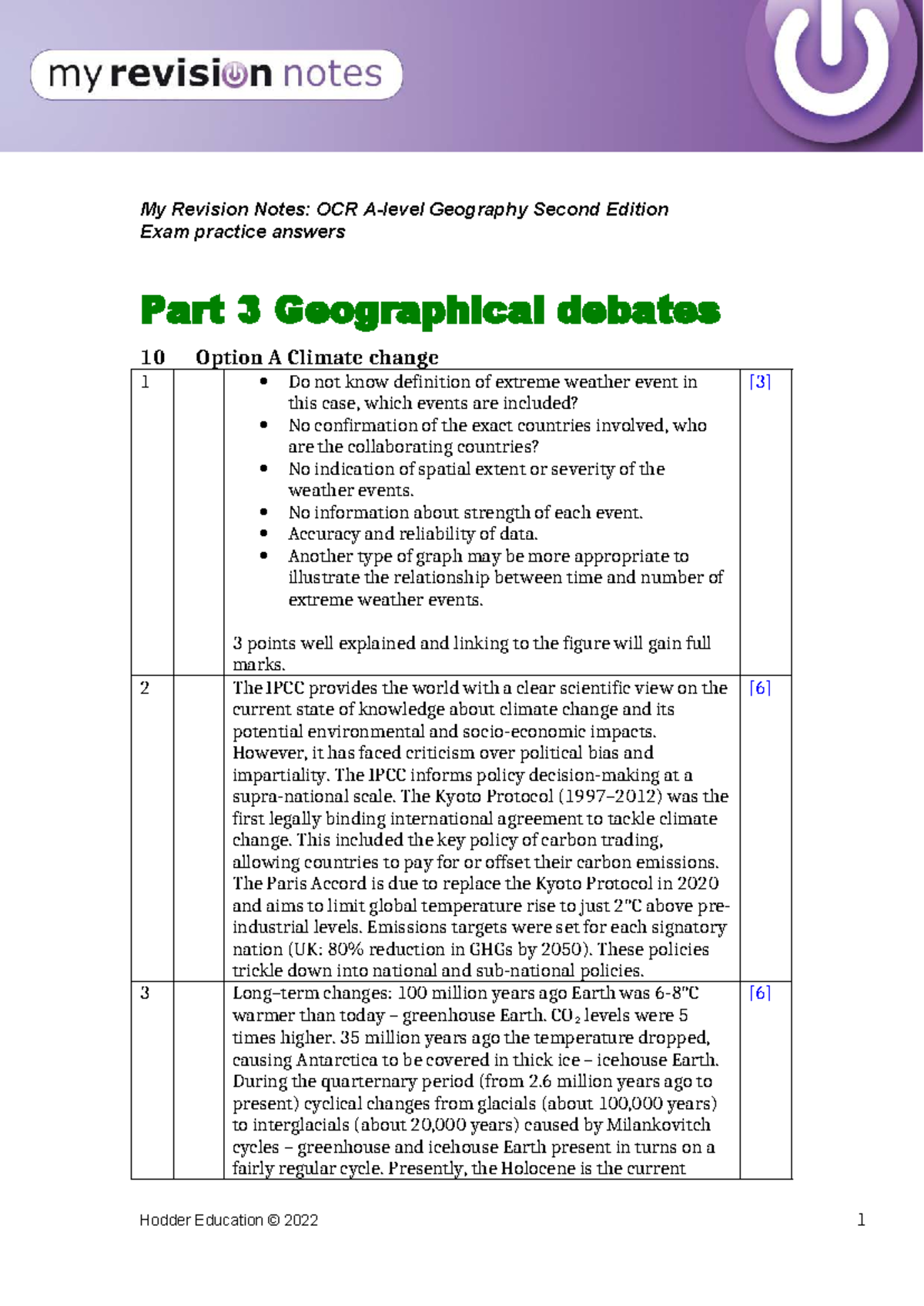 OCR A-Level Geography Part 3 Exam Practice Answers: Climate Change ...