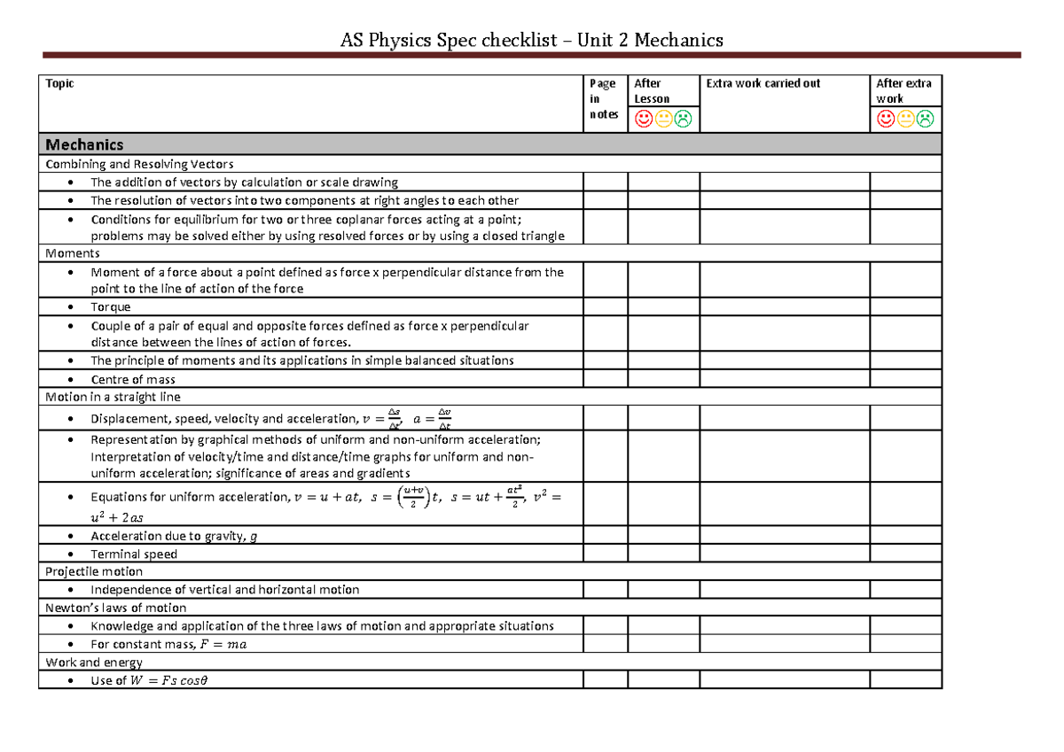 AS Physics Unit 2 Mechanics Spec Checklist and Notes - Studocu