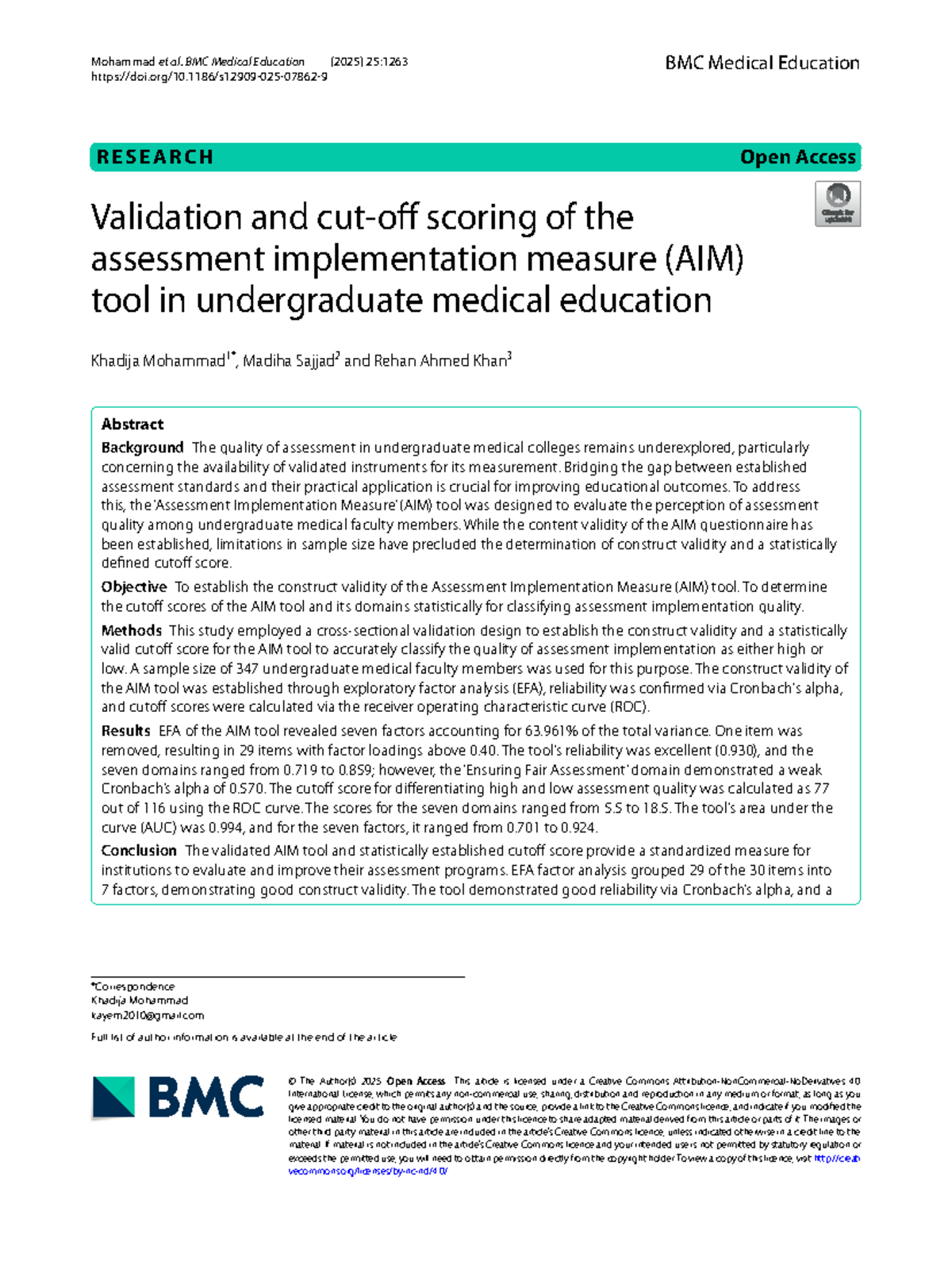 Validation and Scoring of the AIM Tool in Undergrad Med Ed (MED 2025 ...