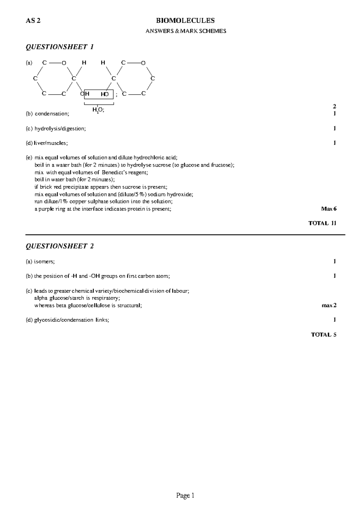 Biomolecules answers - quiz - ANSWERS & MARK SCHEMES QUESTIONSHEET 1 (a ...
