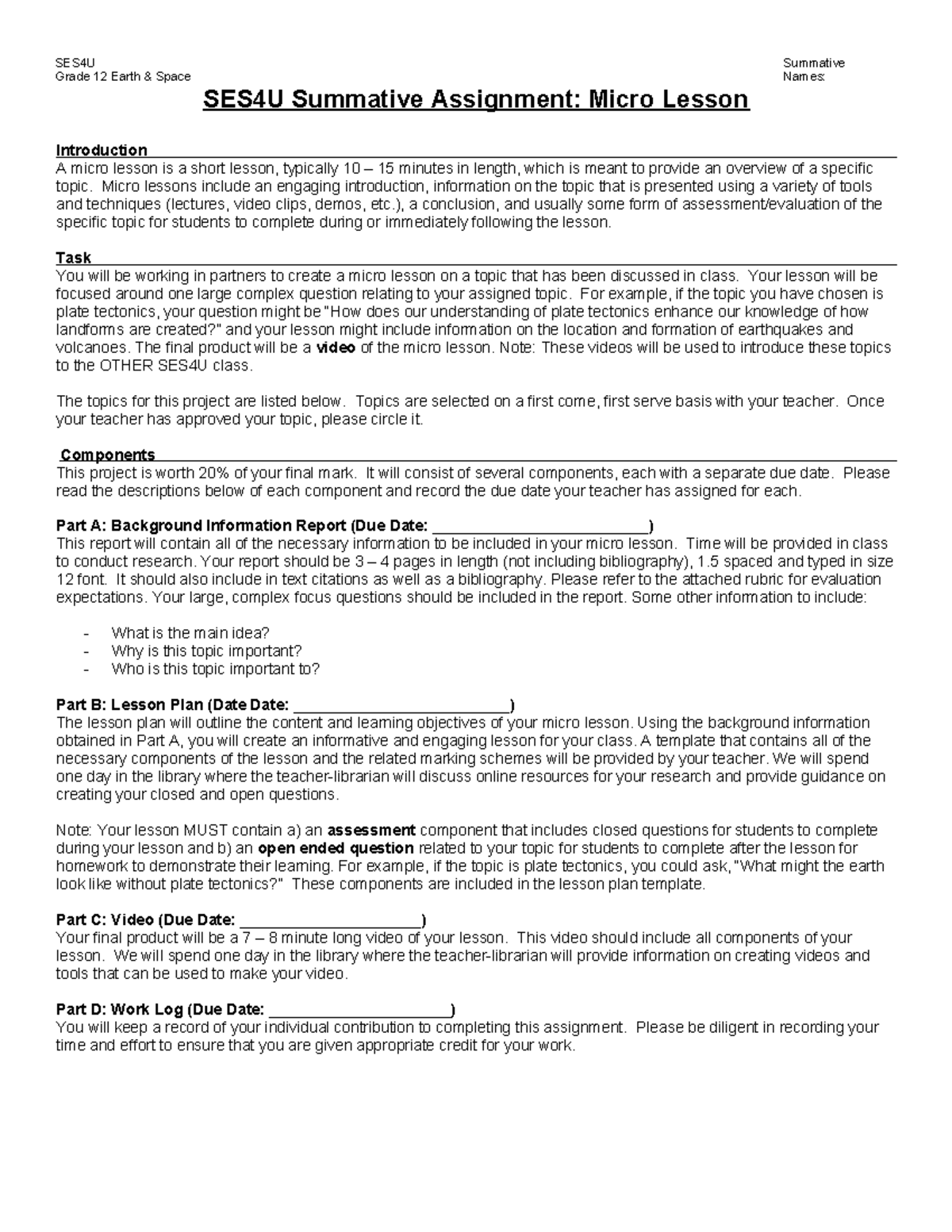 SES4U Summative Assignment: Creating a Micro Lesson Guide - Studocu