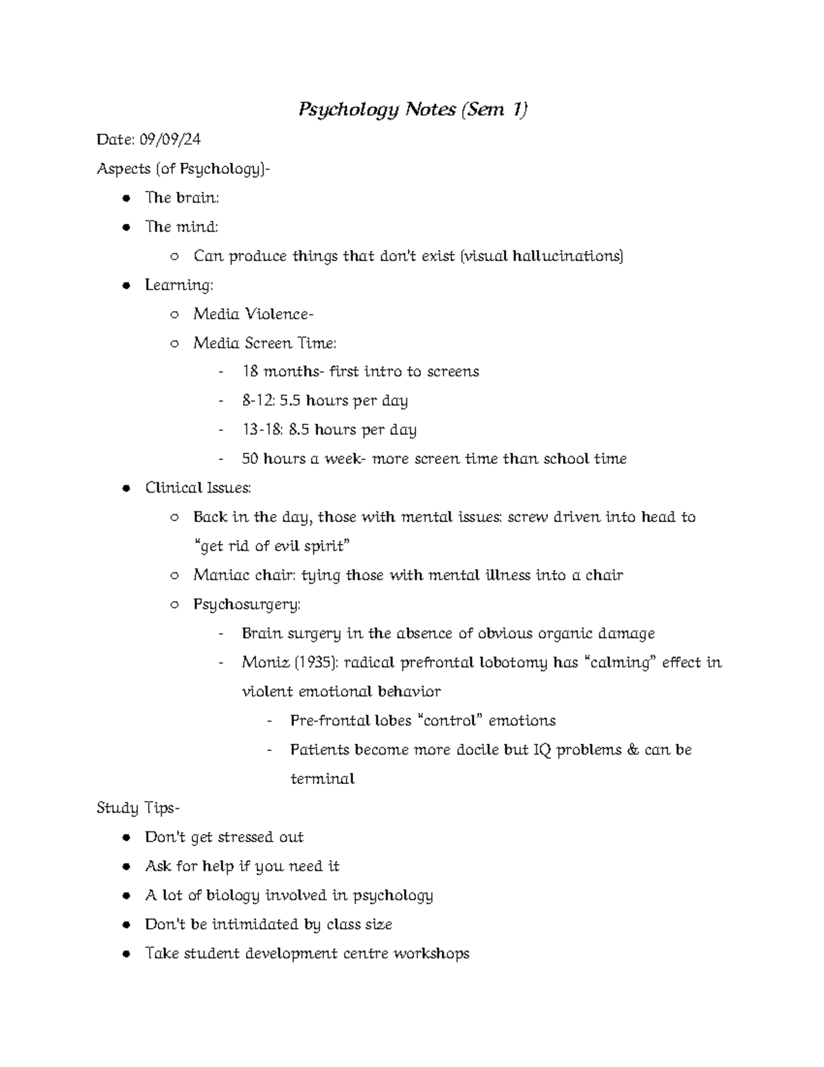 Psychology Lecture Notes (PSY101) - Aspects of the Mind and Behavior ...