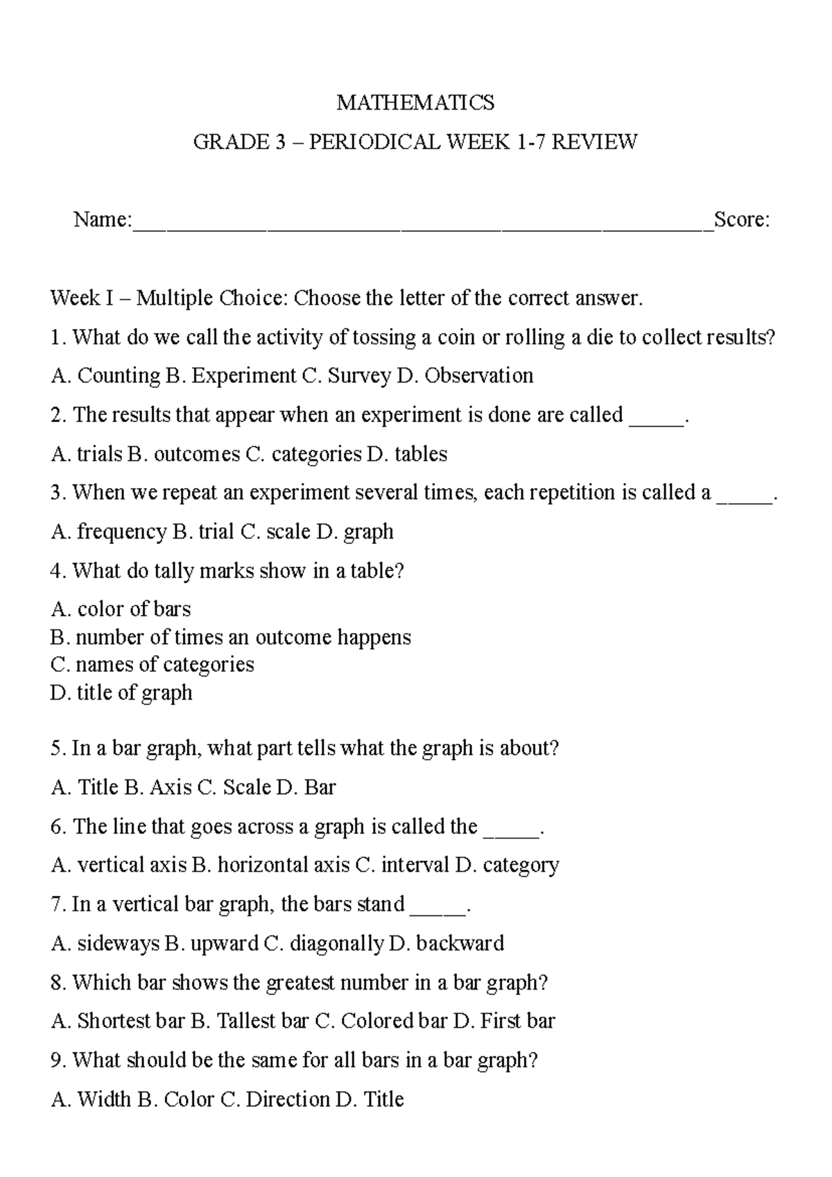 Mathematics Grade 3 Periodical Review: Weeks 1-7 Summary - Studocu