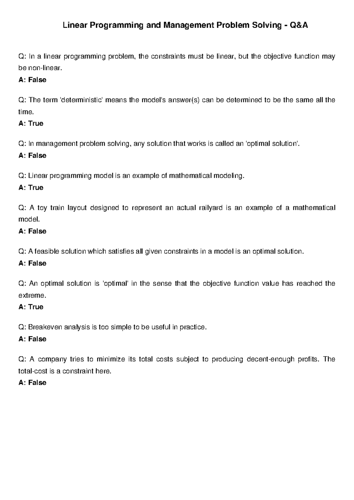 BU8401/BU5401 SAE1 MCQ answers - Linear Programming and Management ...