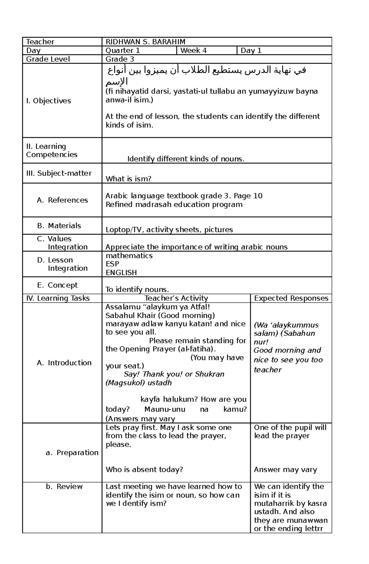 Grade 3 arabic language - Teacher RIDHWAN S. BARAHIM Day Quarter 1 Week ...