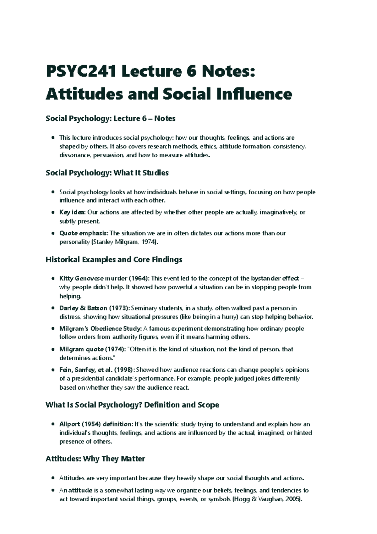PSYC241 Lecture 6 Notes: Attitudes & Social Influence in Social ...