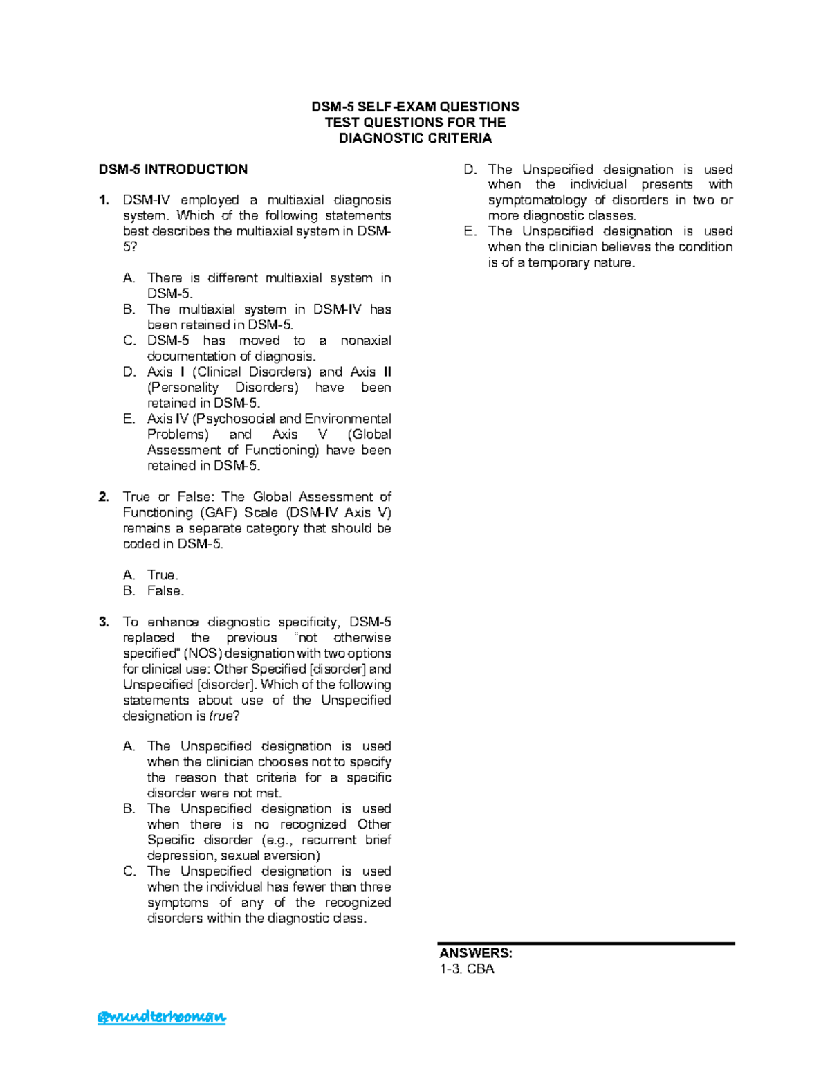 DSM-5 Self-Exam Questions and Diagnostic Criteria Overview - Studocu