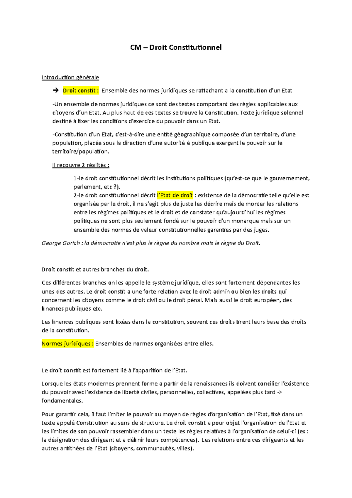 CM - Droit Constitutionnel : Introduction Générale et Concepts Clés - Studocu