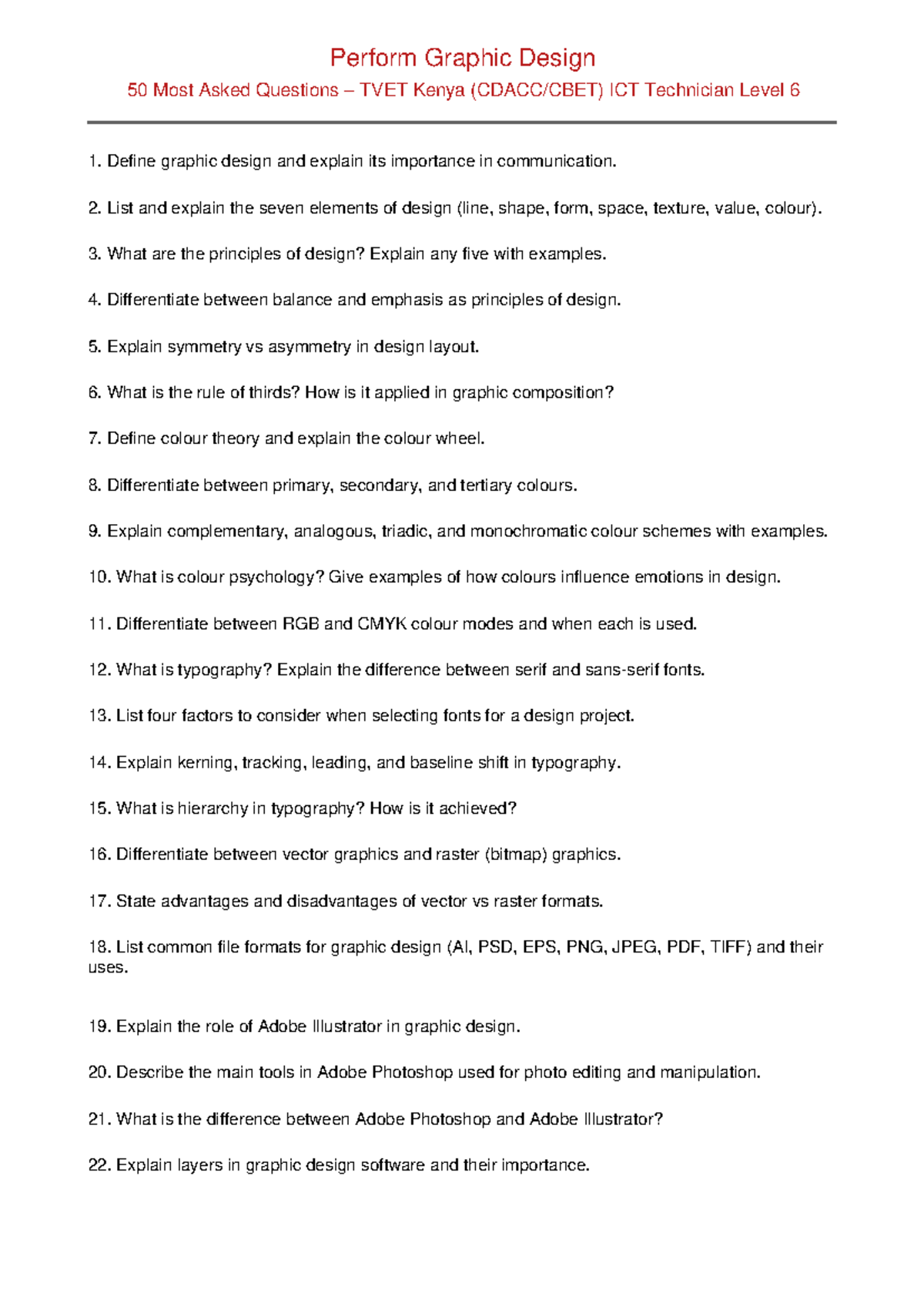 Graphic Design: 50 Key Questions for TVET Kenya ICT Technician Level 6 ...