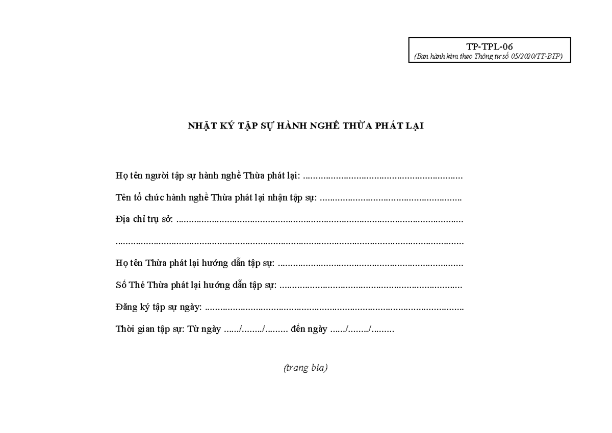 Nhật Ký Tập Sự Hành Nghề Thừa Phát Lại TP-TPL - Studocu