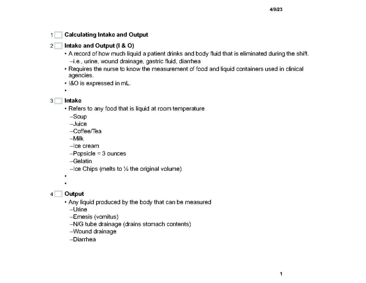 Calculatig Intake and Output 1 - 3/29/ 1 Calculating Intake and Output Intake and Output (I & O ...