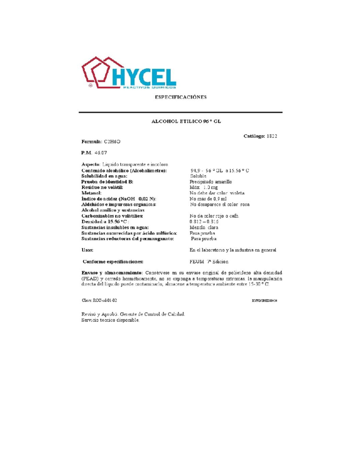 Hycel alcohol etílico - HYCEL REACTIVOS QUIMICOS ESPECIFICACIÓNES ...