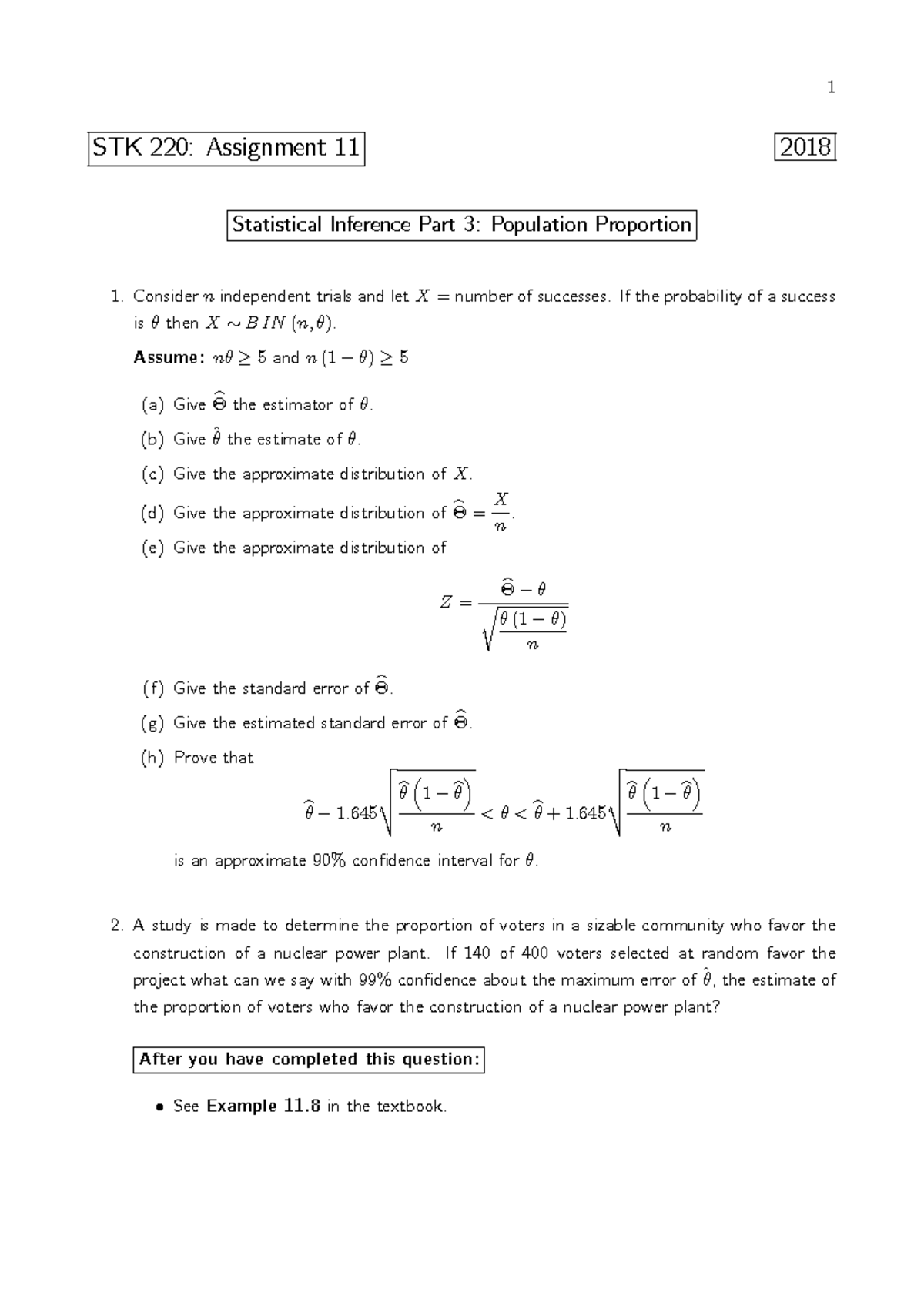 STK 220: Assignment 11 - Statistical Inference on Population Proportion ...