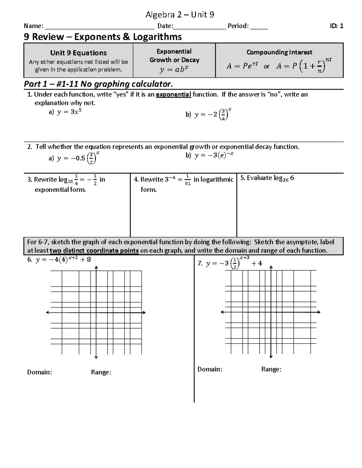 Algebra 2 A2 Unit 9 Review: Exponents & Logarithms Assignment - Studocu