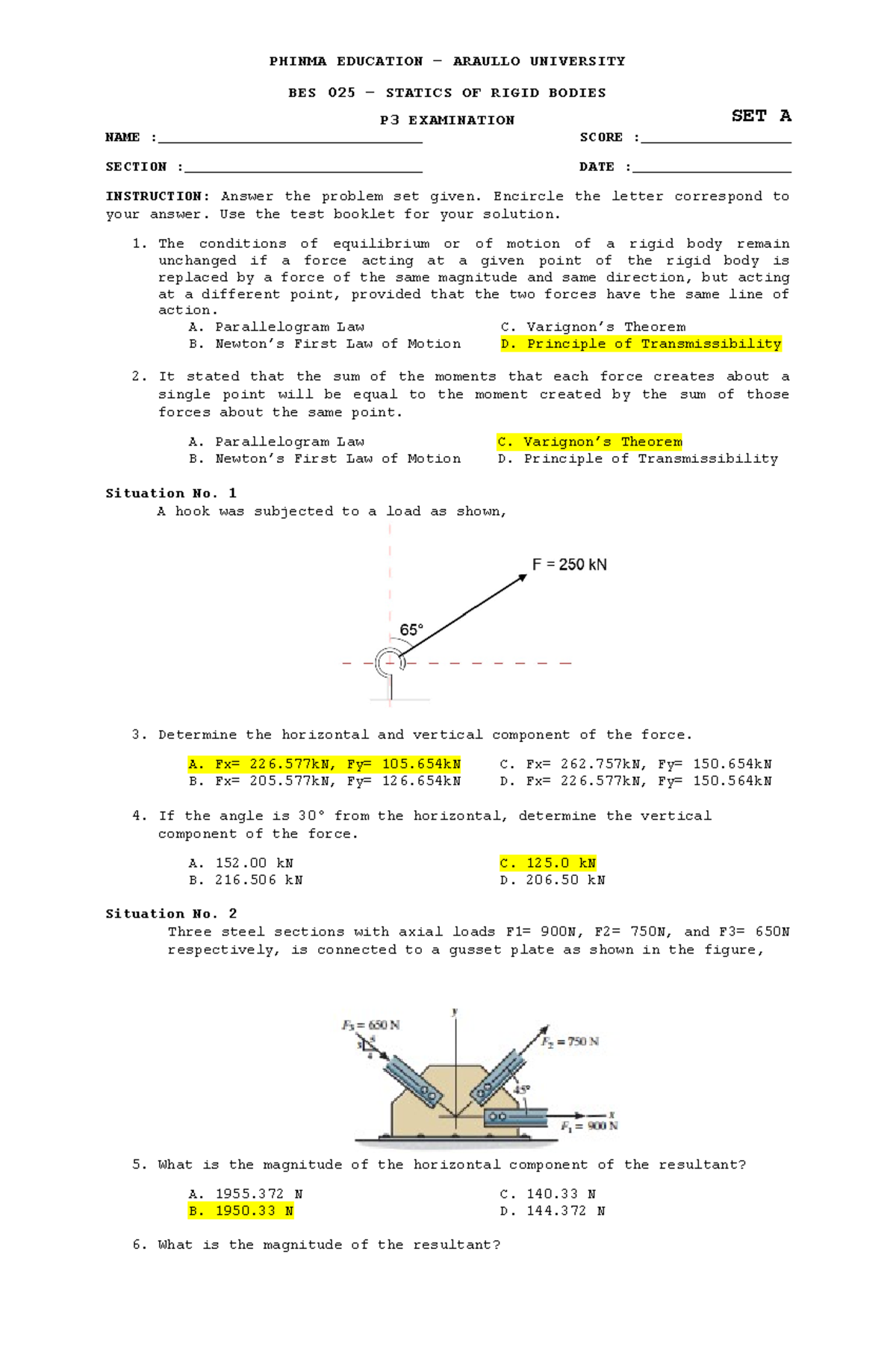 BES 025 P3 Statics of Rigid Bodies Examination Set A - Studocu