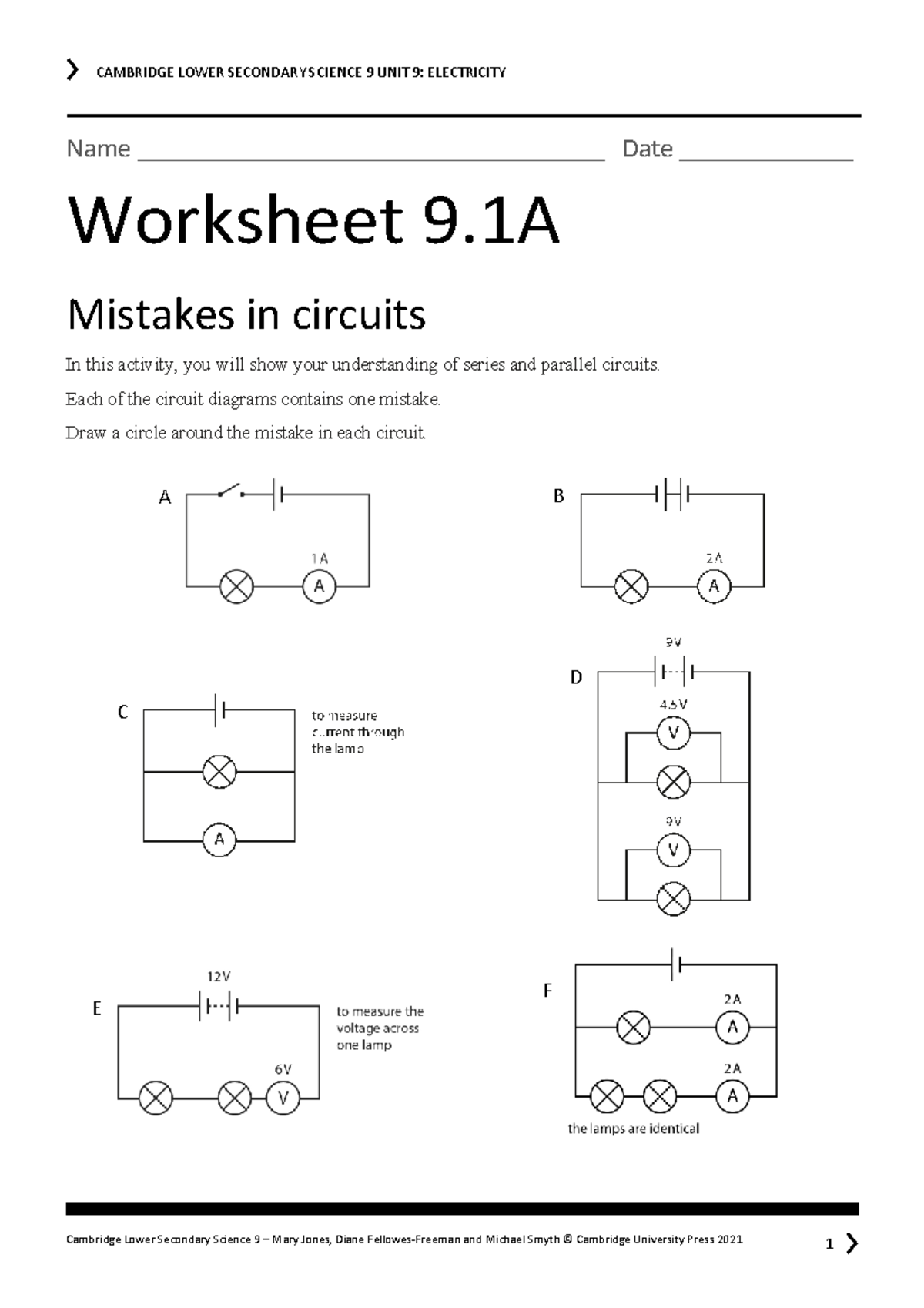 Cambridge Lower Secondary Science 9 Unit 9: Electricity Worksheets ...
