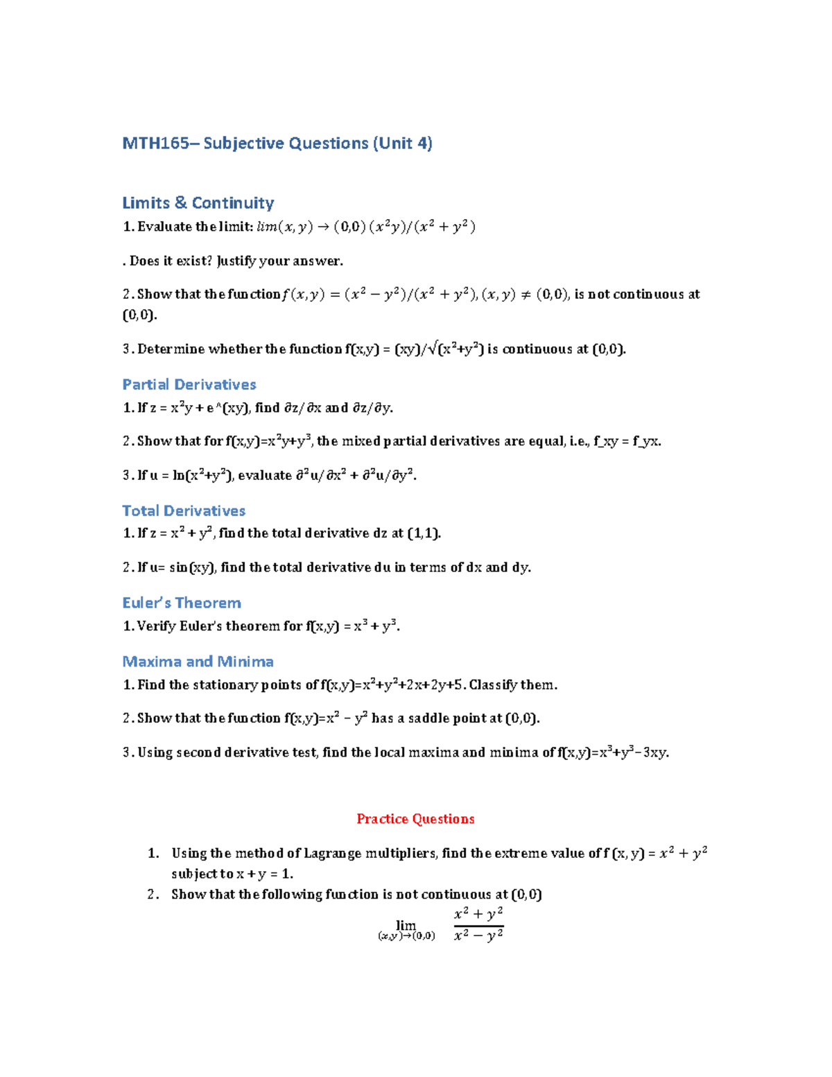 Subjective Questions (Unit 4) on Limits and Continuity - Studocu
