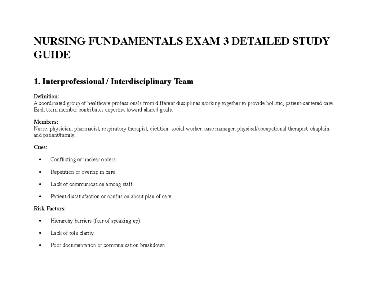 NURSING FUNDAMENTALS NURS 101 EXAM 3 DETAILED STUDY GUIDE - Studocu