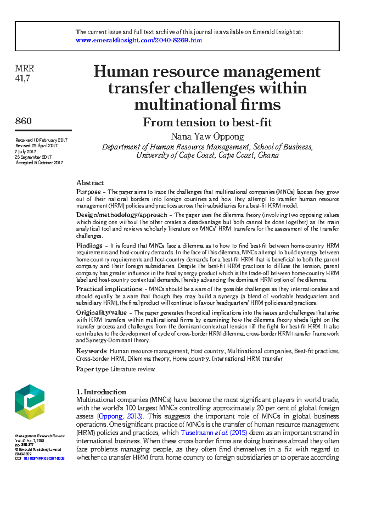 HRM Transfer Challenges in MNCs: Insights and Dilemmas (MRR 41,7) - Studocu