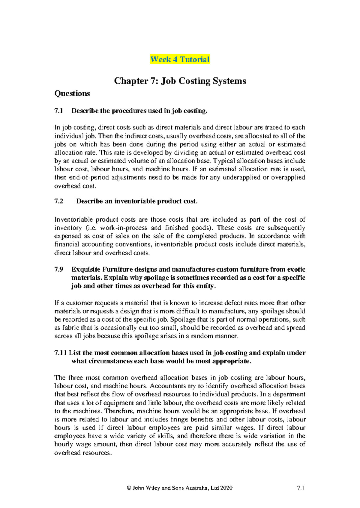 ACCT 300 - Week 4 Tutorial Solutions on Job Costing Systems - Studocu