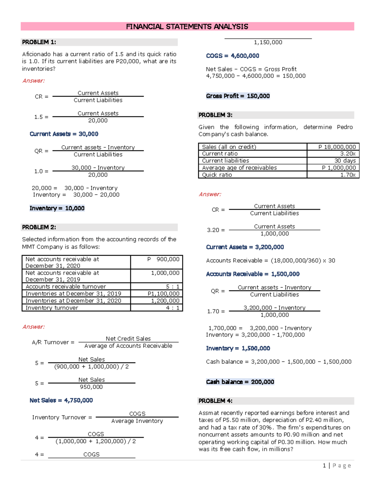 Financial Management - Financial Statement Analysis Sample Problems ...