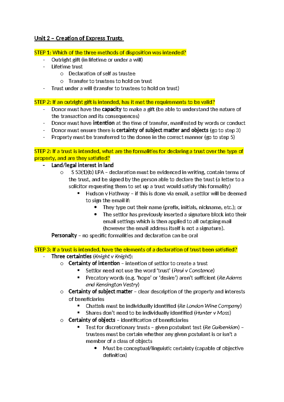 Equity Law Notes - Unit 2: Trust Creation & Unit 3: Trust Types - Studocu