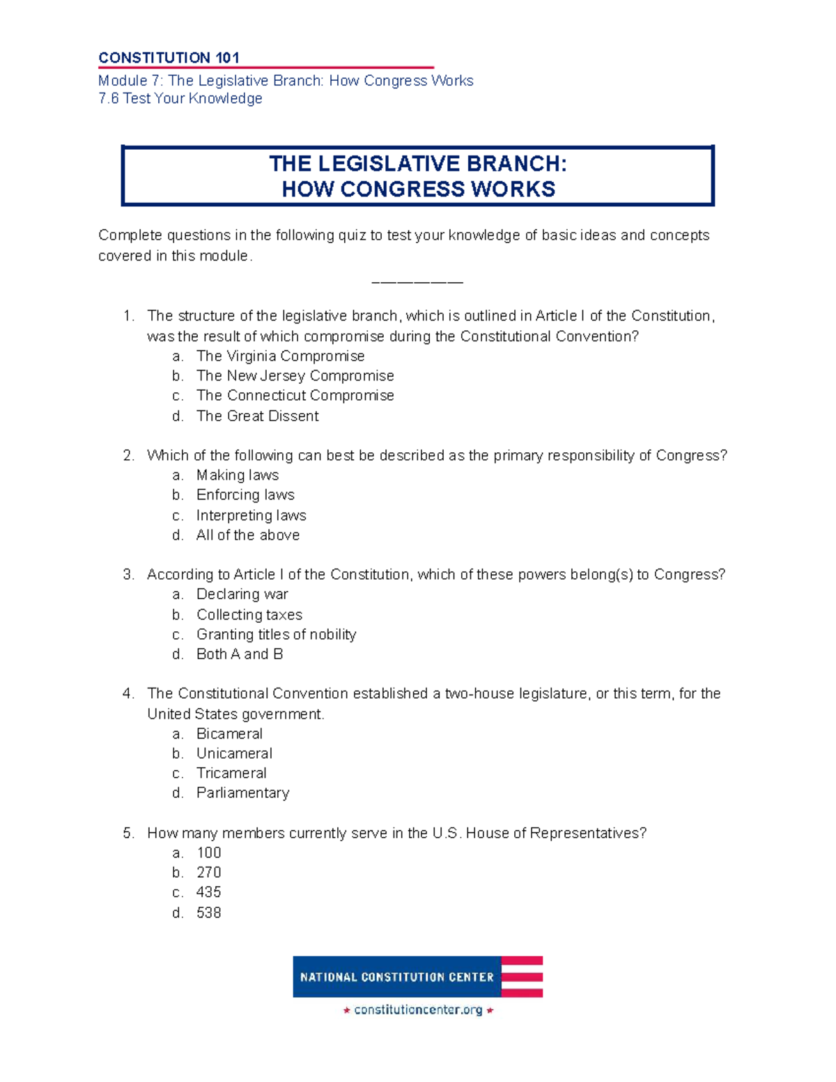 CONSTITUTION 101 Module 7: Legislative Branch Quiz & Knowledge Check ...