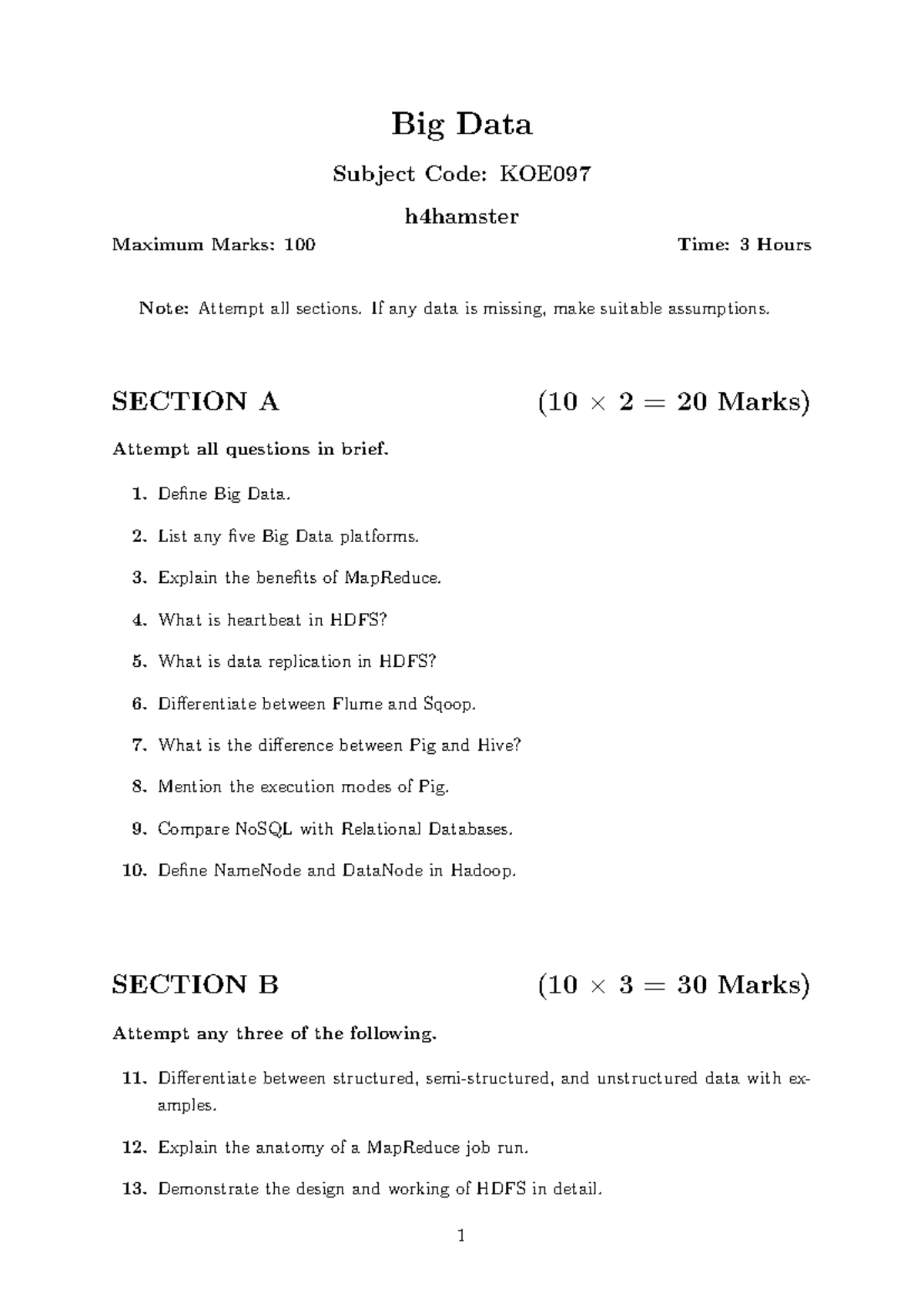 Big Data Question Paper KOE097 - Max Marks: 100, Time: 3 Hours - Studocu